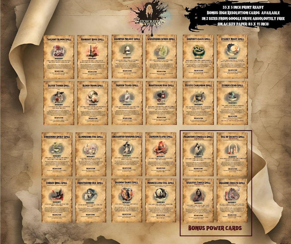 Halloween Spell Cards, Witch Grimoire, Spell Book, Magic Spell Cards ...