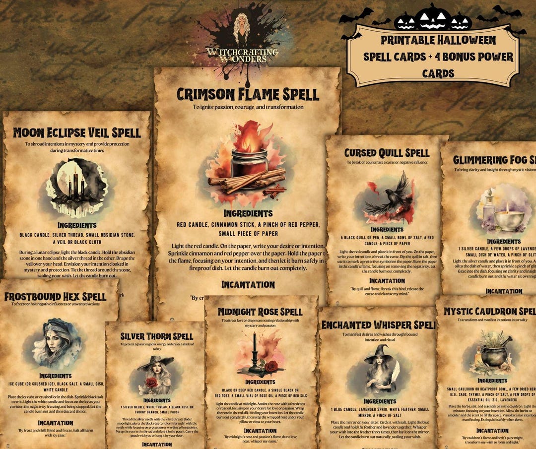 Halloween Spell Cards, Witch Grimoire, Spell Book, Magic Spell Cards ...