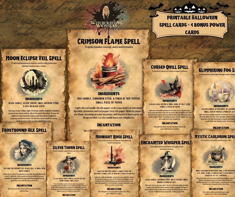 Halloween Spell Cards, Witch Grimoire, Spell Book, Magic Spell Cards ...