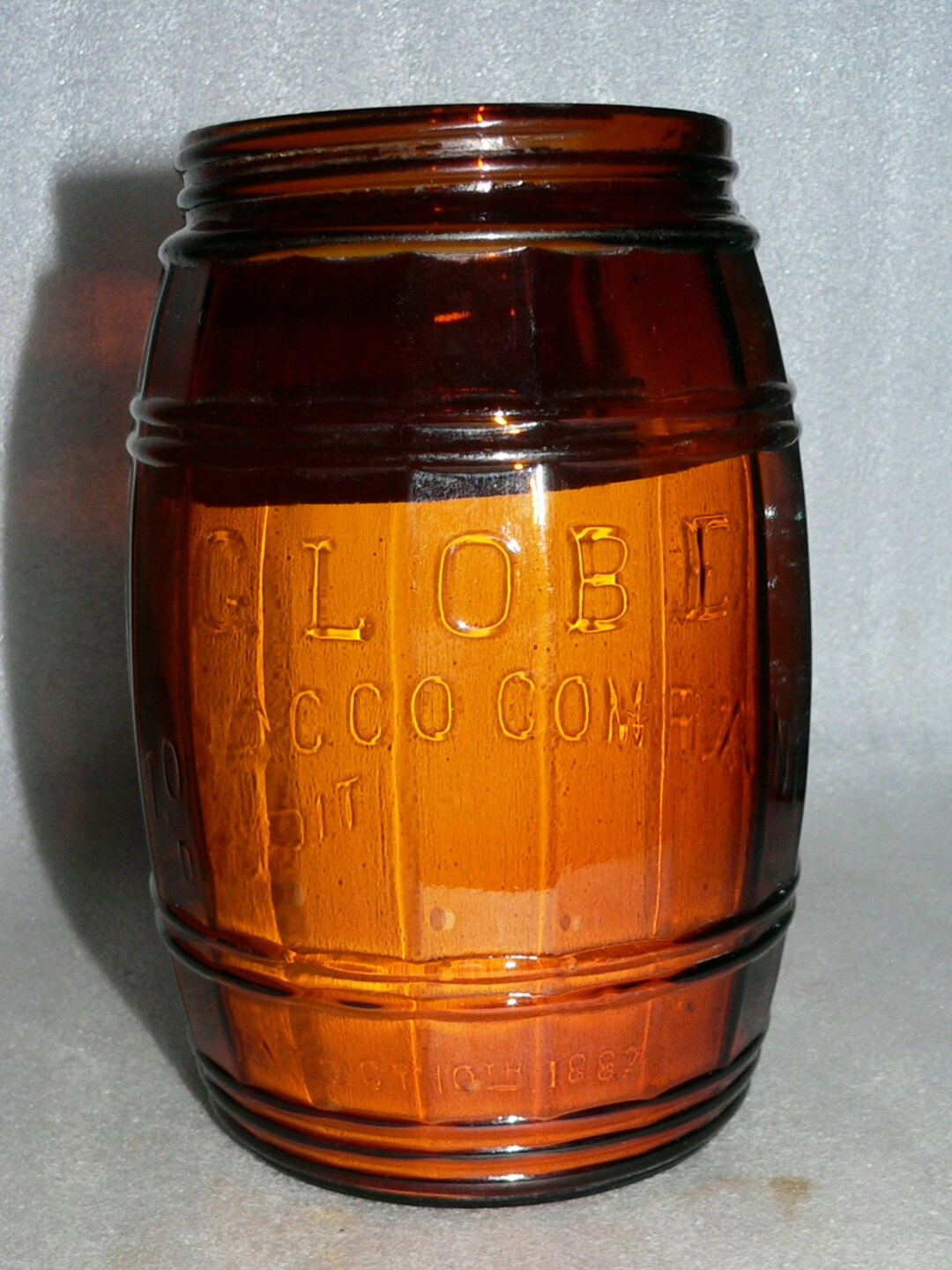 Antique Globe Tobacco Company Glass Barrel Brown Jar Detroit Pat Oct ...