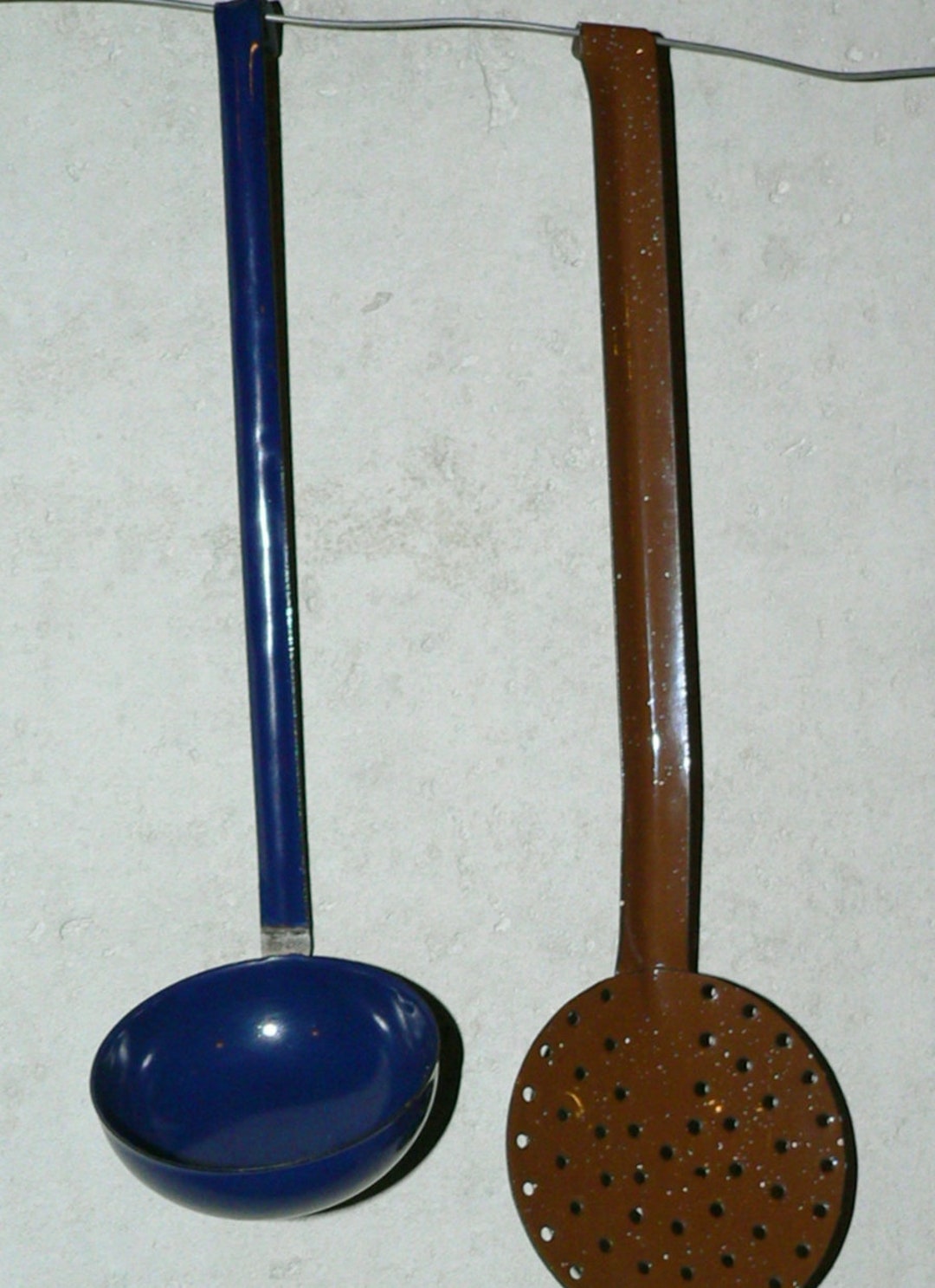 2 Vintage Enamelware Graniteware Metal Skimmer Scoop Dipper Strainers ...