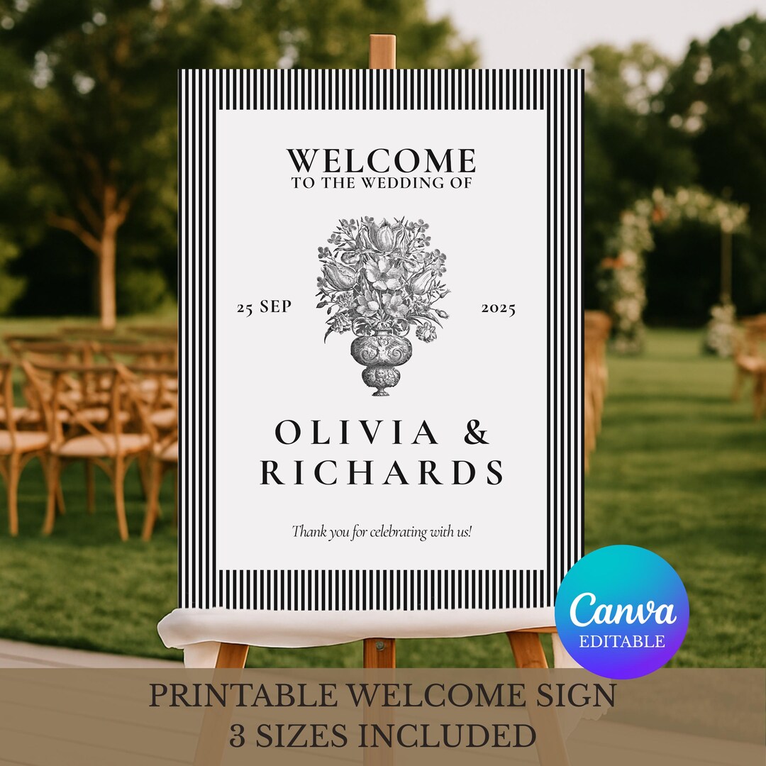 Wedding Welcome Sign Template - the Vanderbilt , Elegant Black & White ...