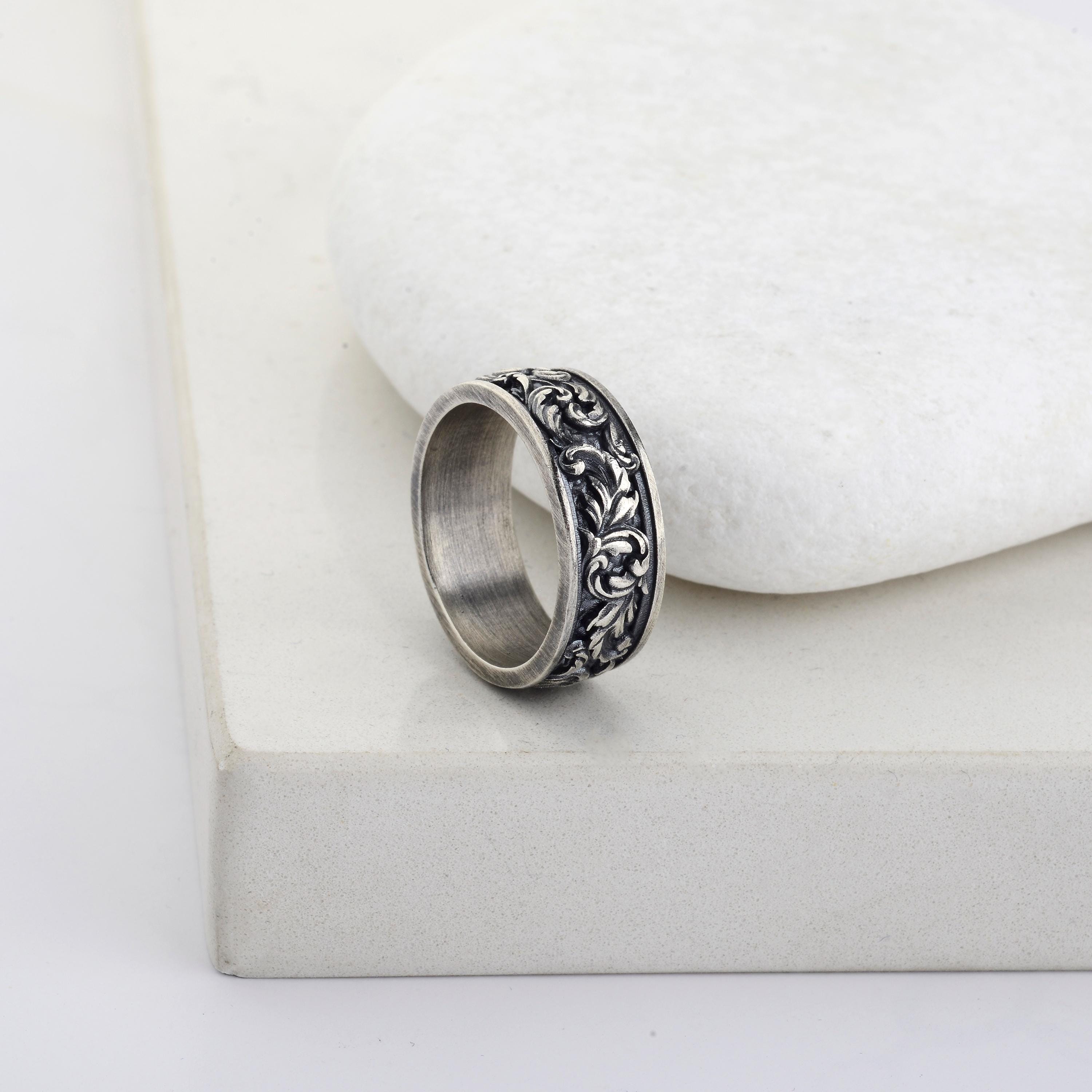Sterling Silver Leaf Pattern Ring, Unisex Floral Band - Etsy