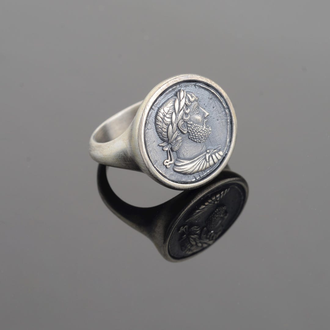 Sterling Silver Julius Caesar Coin Ring, Archaic Ring With Engraved ...