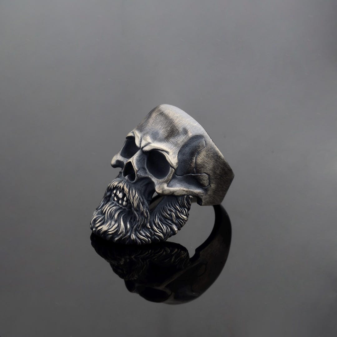 Silver Mens Bearded Skull Ring, 925 Sterling Silver Plated Ring, Hand ...
