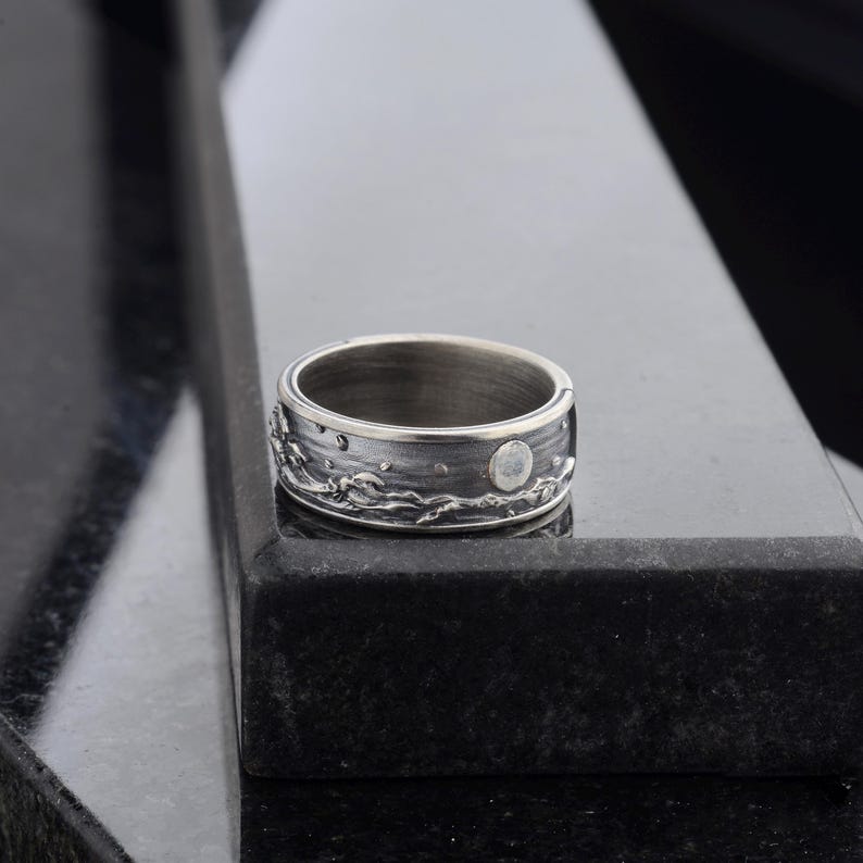 925 Sterling Silver Wavy Night Ring, Ocean Jewelry, Waves Ring, Hand ...