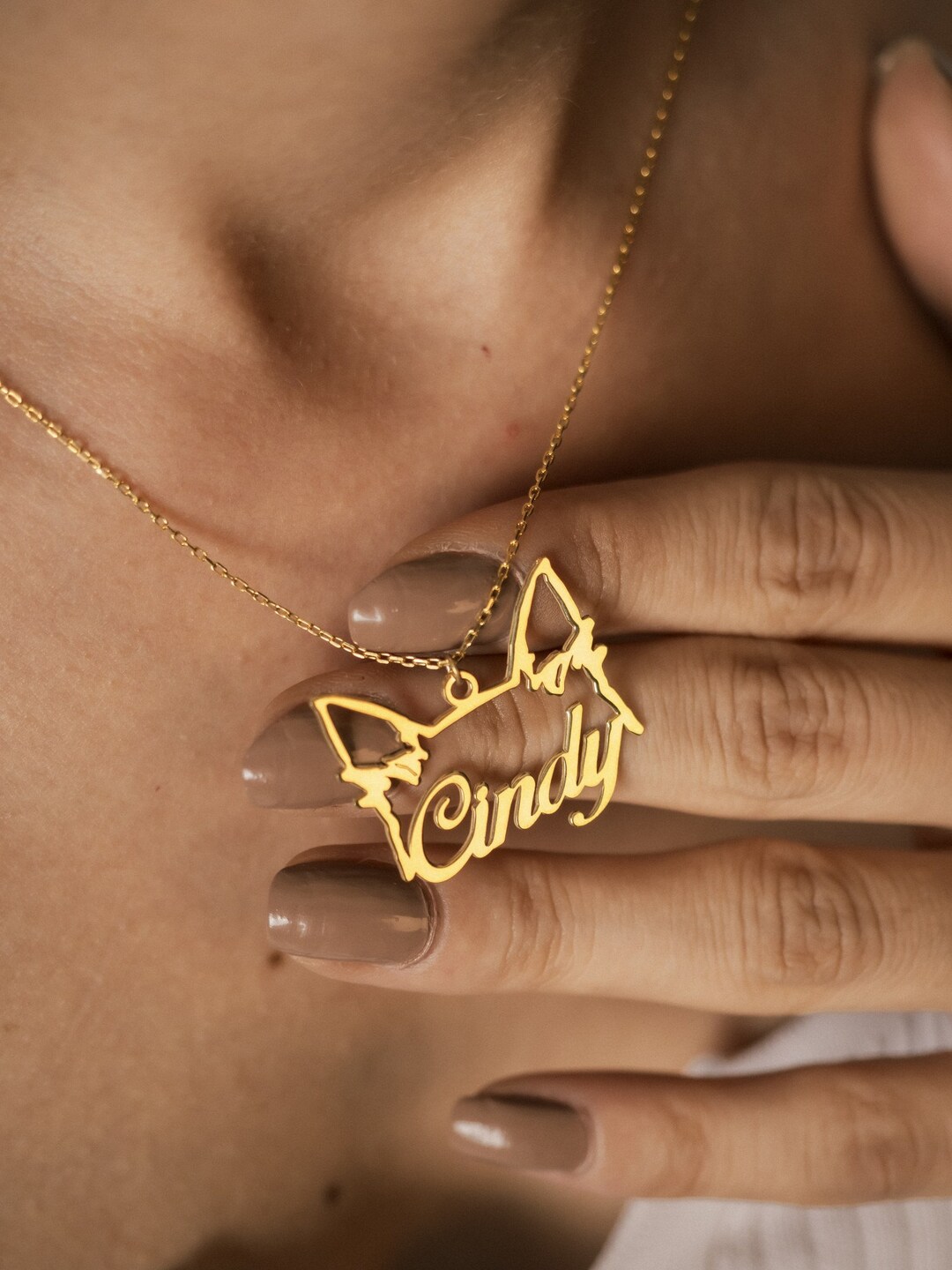 Personalized Cat Ear Name 14K Gold Necklace, Custom Cat Ears Jewelry ...