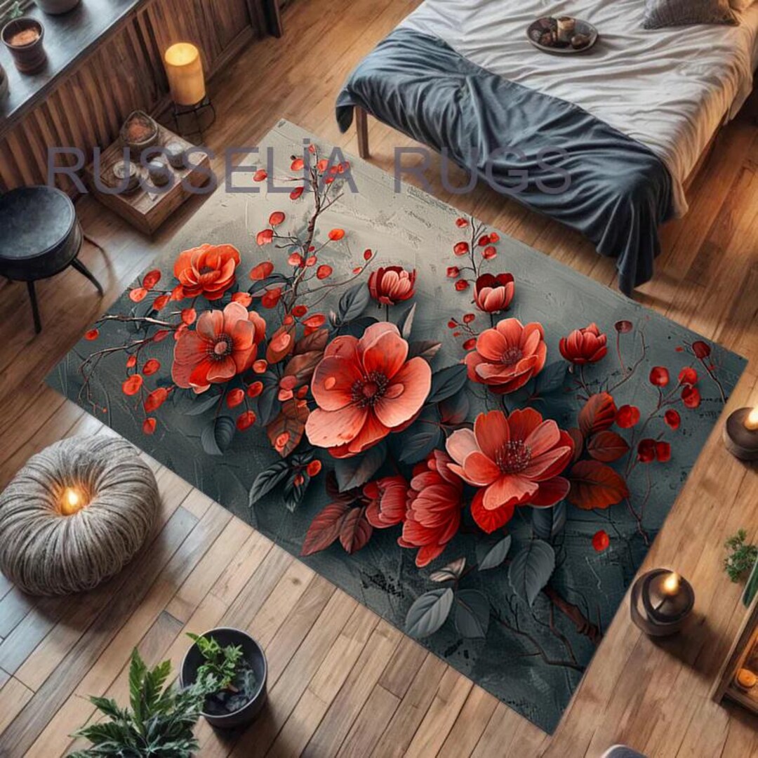 Colorful Aesthetic Flower Rose Rug, Floral Kitchen and Living Room Rug ...
