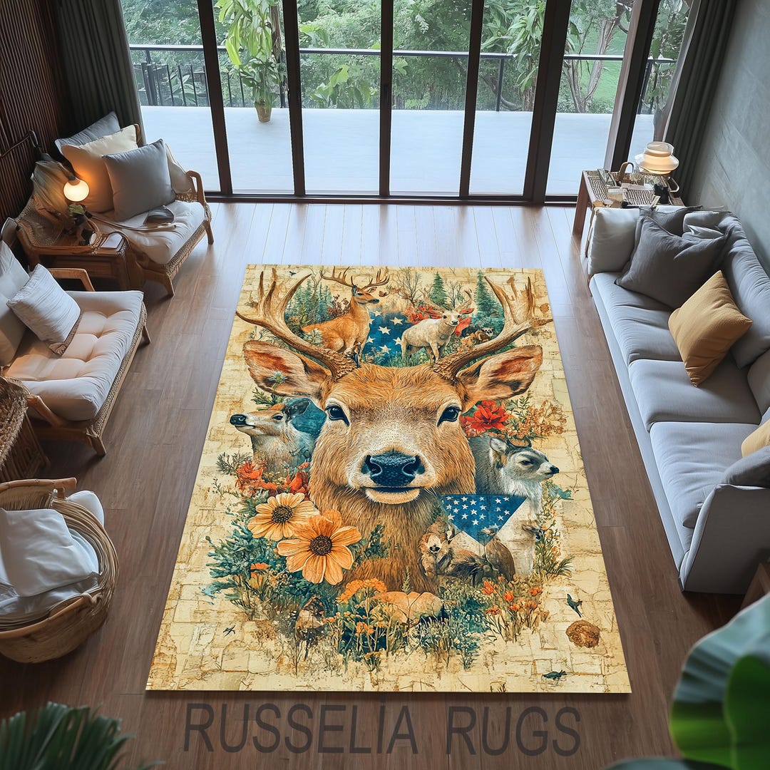 Deer Rug, Deer Decor Rug, Traditional Deer Rug, Forest Animals Rug ...