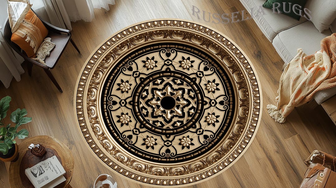 Classic Black Gold Round Rug,golden Frame Rug,gold Round Rug,flower ...