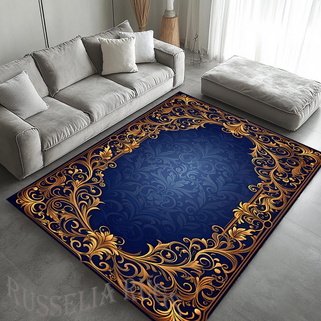 Blue Texture Rug, Blue Gold Rug, Blue Rug, Blue Traditional Rug, Blue ...
