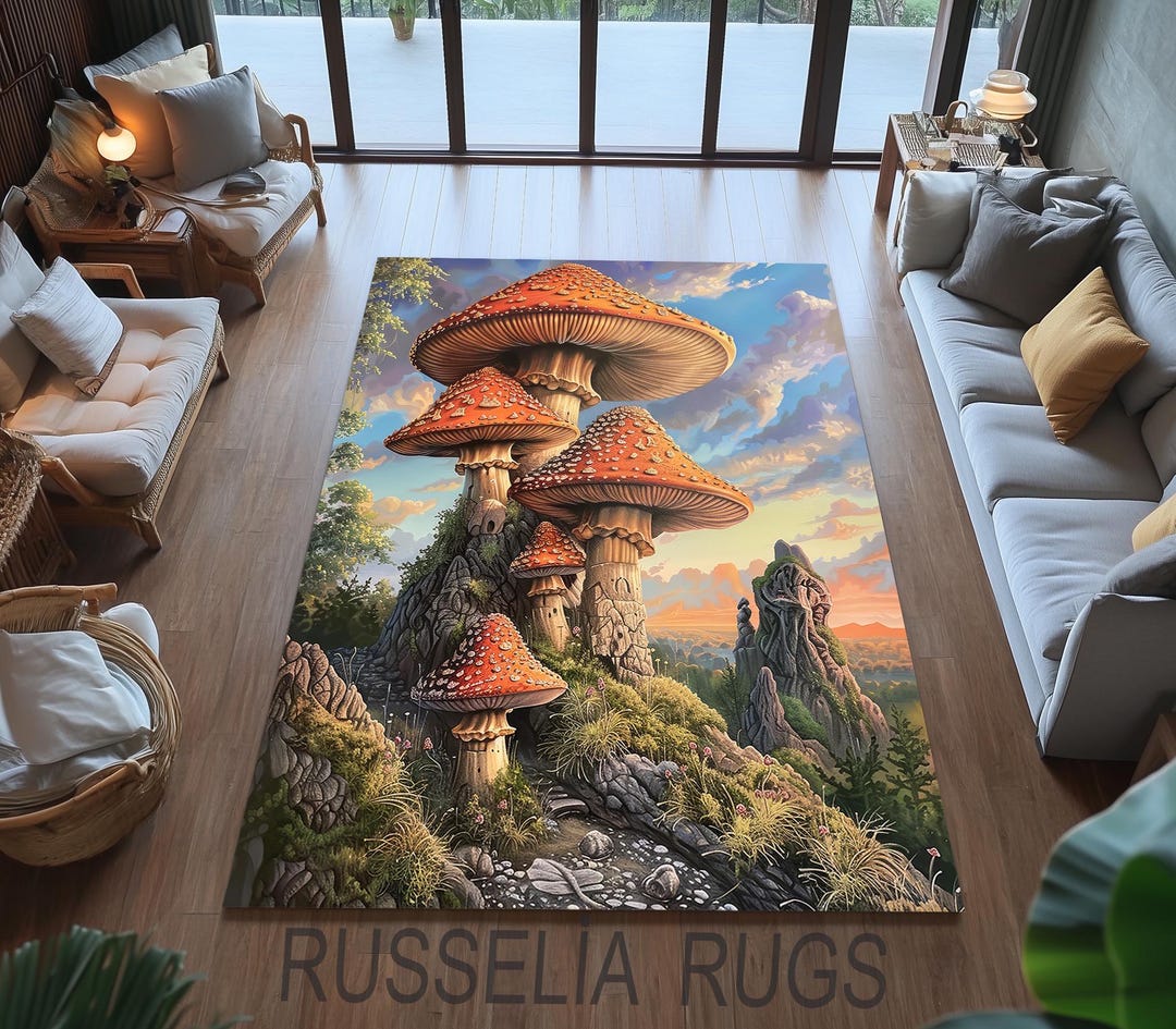 Mushroom Rug, Mushroom Flowers Rug, Mushroom Decor Rug, Landscape Rug ...