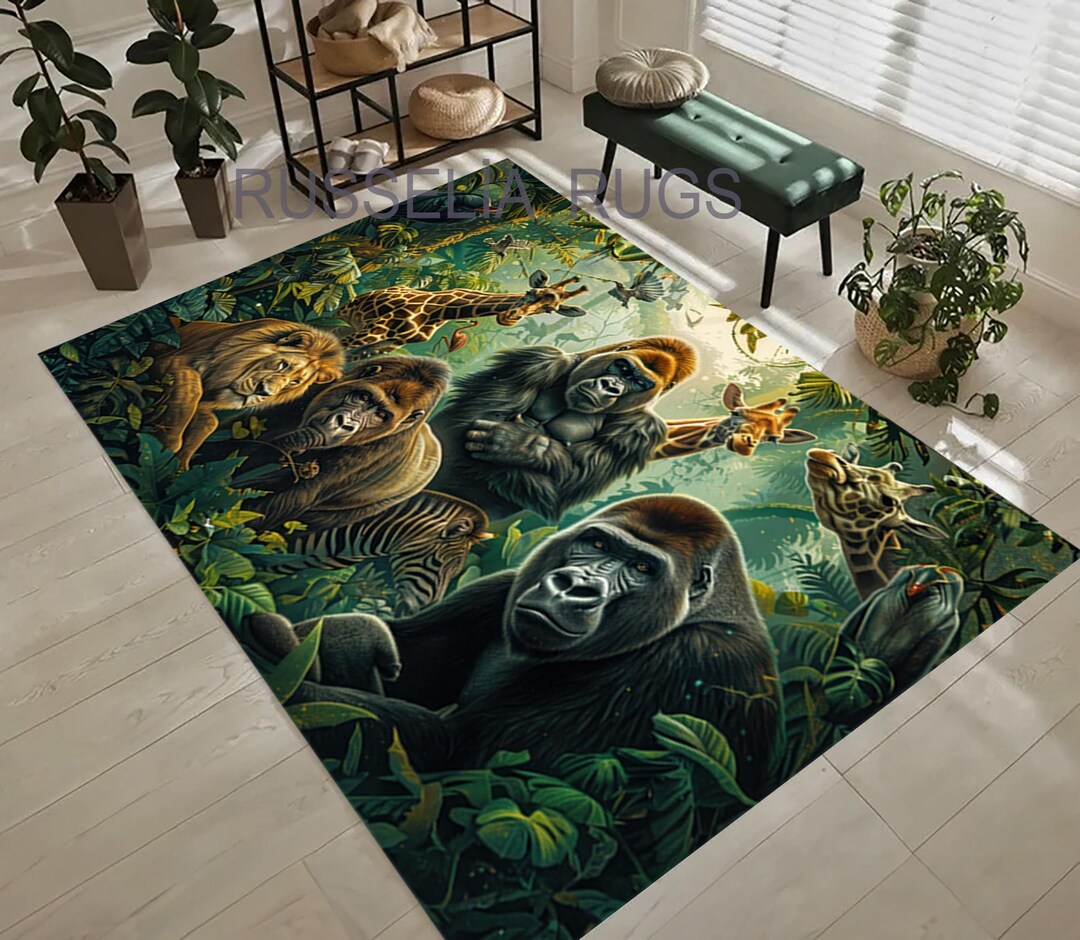 Jungle Rug, Safari Animals Rugs, Wildlife Rug, Botanical Rug, Exotic ...