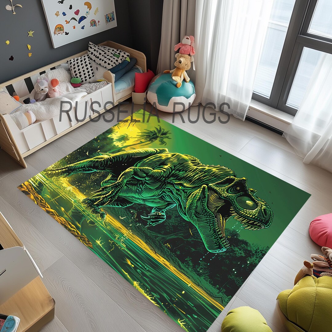 Dinosaur,tyrannosaurus Rug,dinosaur Decor Rug,tropical Rug,green Plants ...