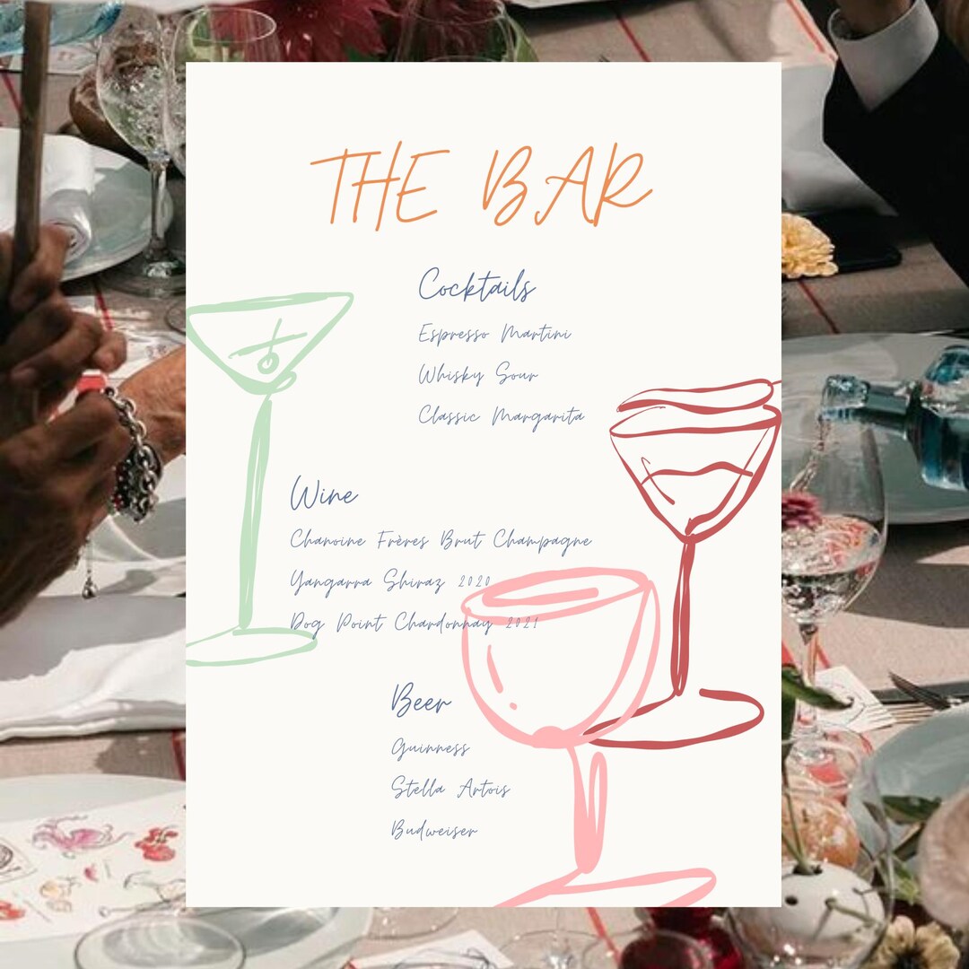 Bar Menu Template, Wedding Bar Menu, Illustrated Drinks, Hand Drawn ...