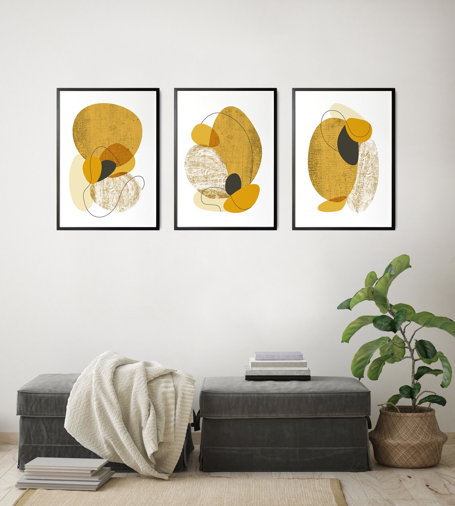Modern Ochre Print Set of 3, Printed Abstract Art for Your Mid Century ...