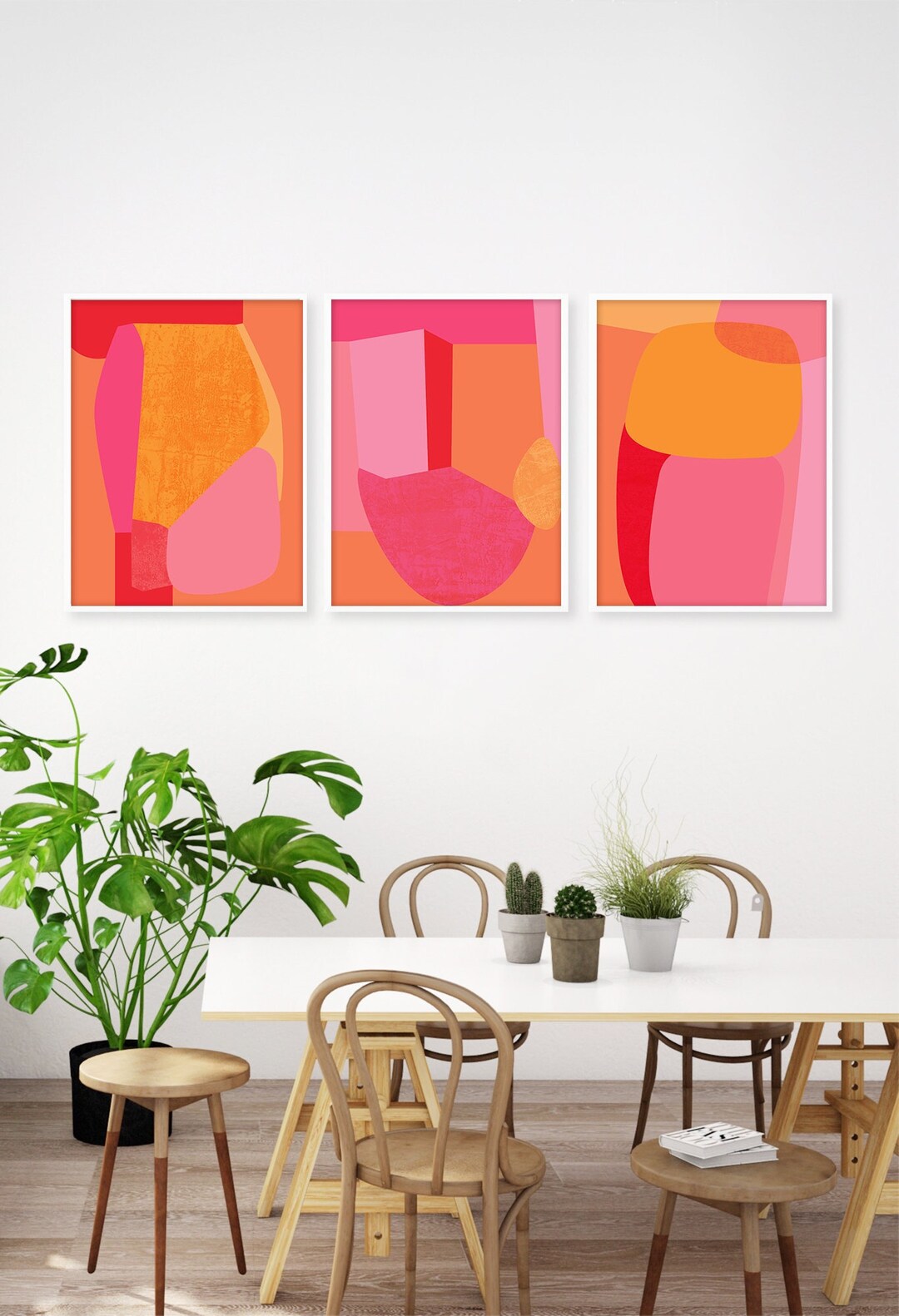 Pink and Orange Wall Art, Preppy 3 Piece Print Set, Mid Century Modern ...