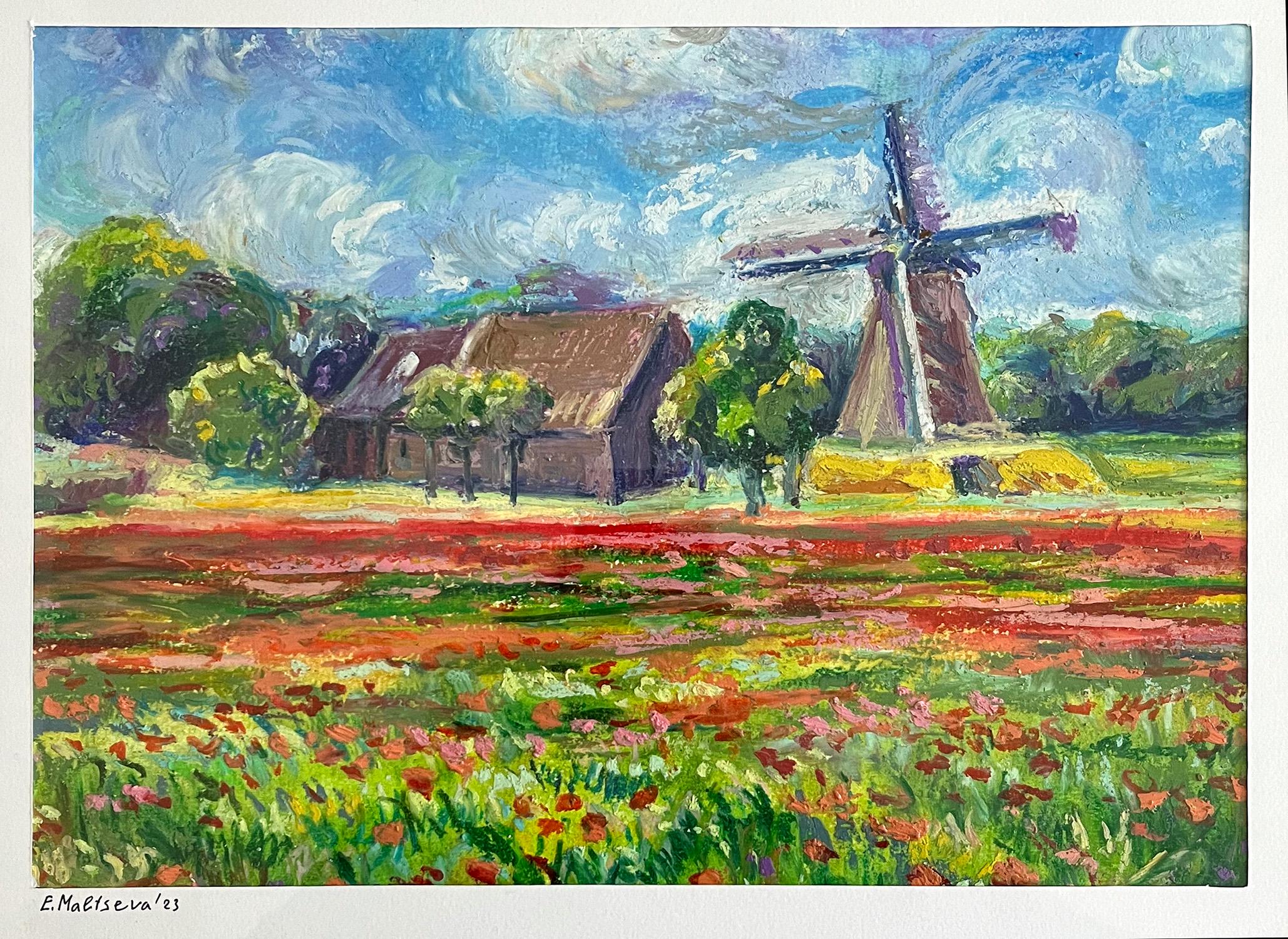 Original Landscape With a Poppy Field and a Mill. Oil Pastel. - Etsy