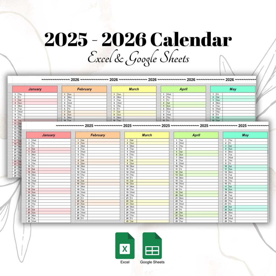 2025 2026 Excel Google Sheets Calendar Excel Template Digital Planner ...