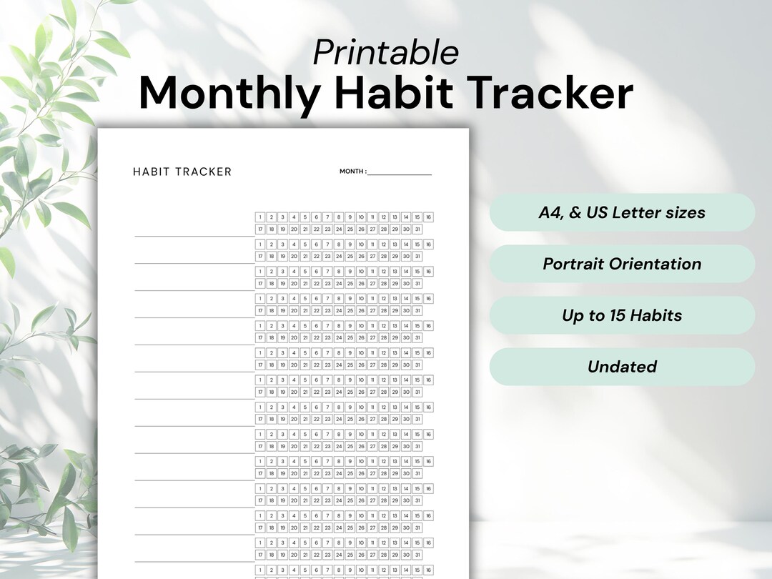 Portrait Monthly Habit Tracker Printable, Numbered Daily Boxes, 30 Day ...