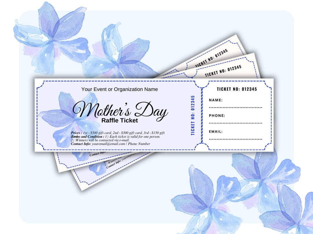 Editable Mother's Day Raffle Ticket Template, Blue Watercolor Flower ...