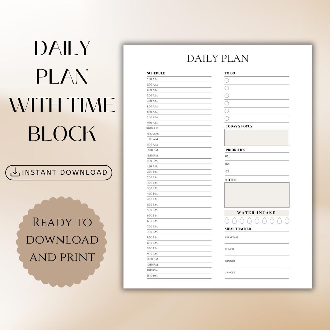 Daily Planner PDF, Printable and Digital Template, Time Block, Water ...