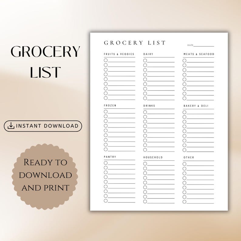 Minimalist Grocery List Printable Template, Grocery Planner, Food ...