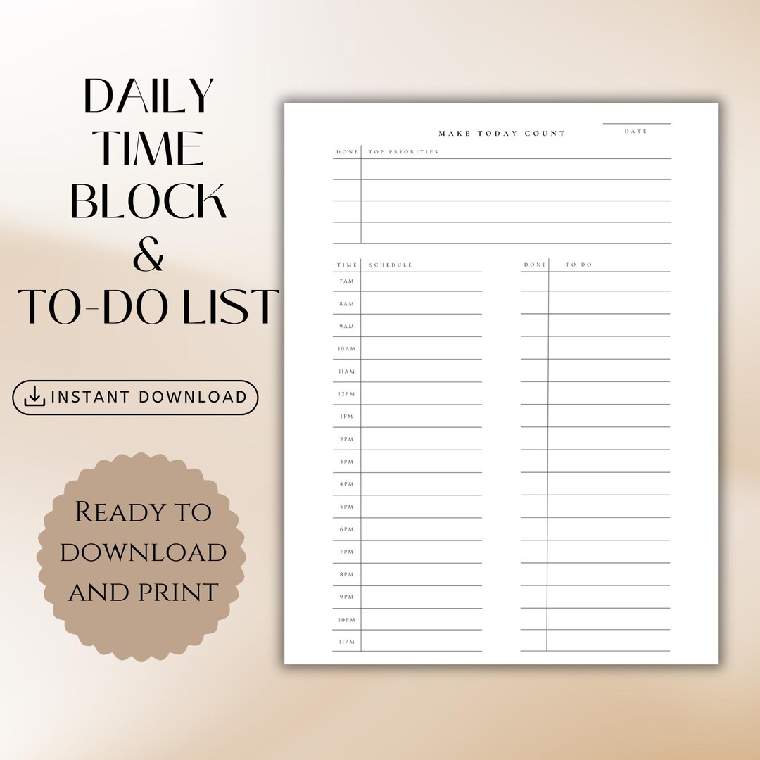 Printable and Digital Time Block to Do List, Digital Download PDF ...