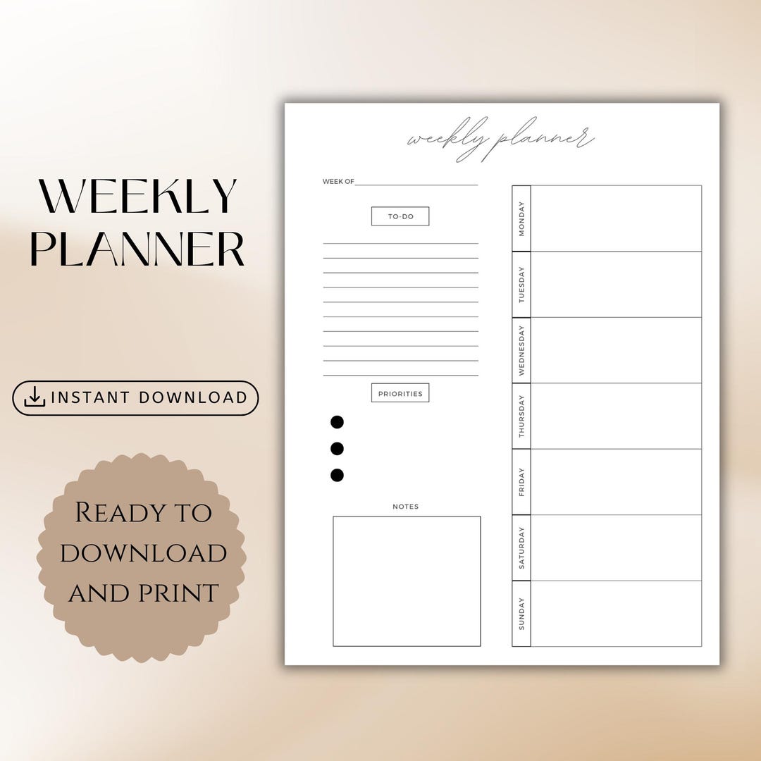 Weekly Planner Calendar, Printable or Digital Planner, Week at a Glance ...