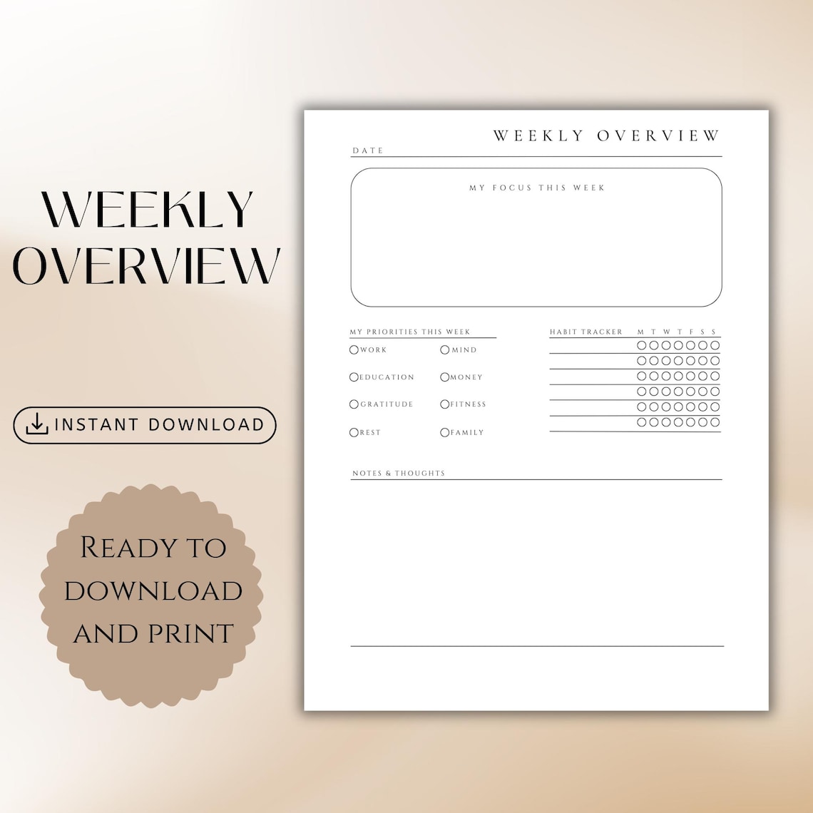 Printable or Digital Weekly Overview Planner Template, Habit Tracker ...
