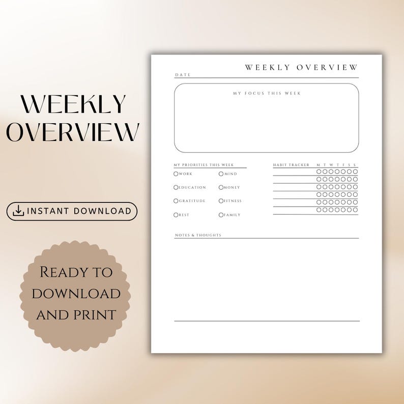 Printable or Digital Weekly Overview Planner Template, Habit Tracker ...