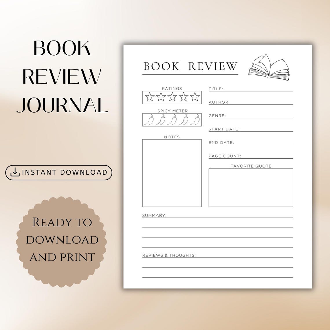 Book Journal PDF, 1-page Reading Log With Review, Summary, Rating ...