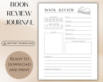 Book Review & Reading Journal Printable | Instant Download (PDF) - Etsy