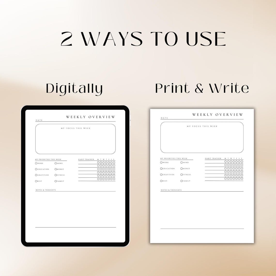 Printable or Digital Weekly Overview Planner Template, Habit Tracker ...