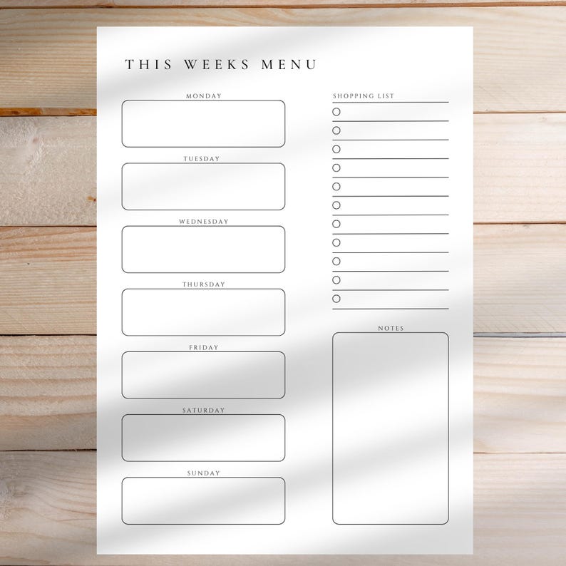 Weekly Menu Printable or Digital PDF, Daily Meal Sections, Shopping ...