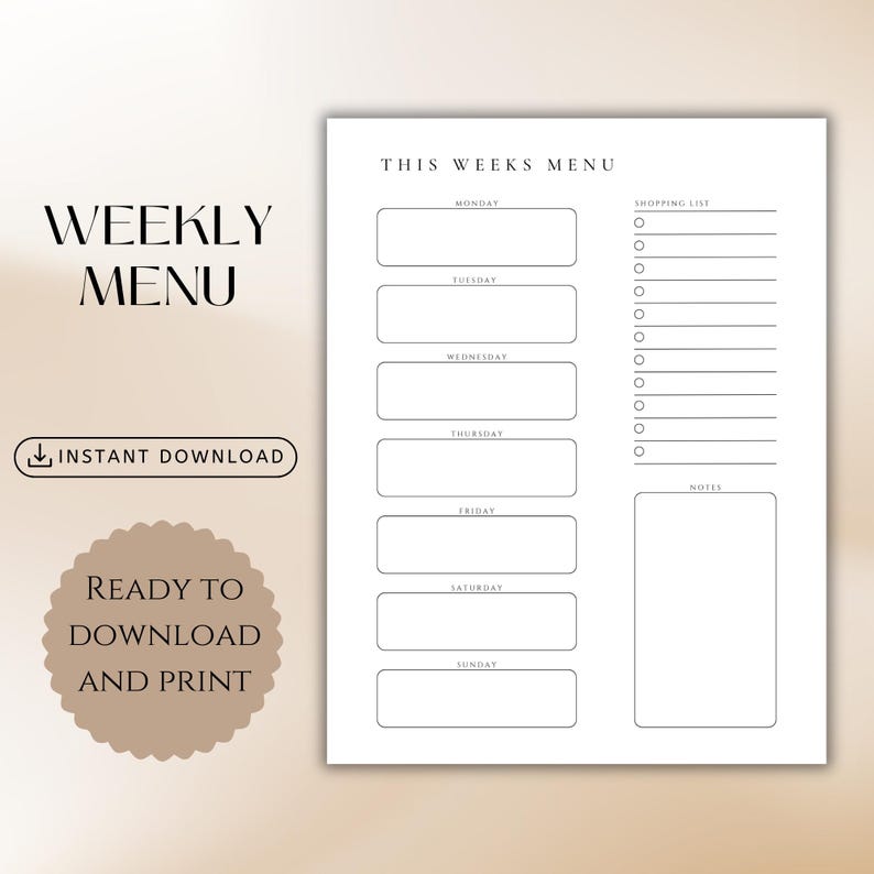 Weekly Menu Printable or Digital PDF, Daily Meal Sections, Shopping ...