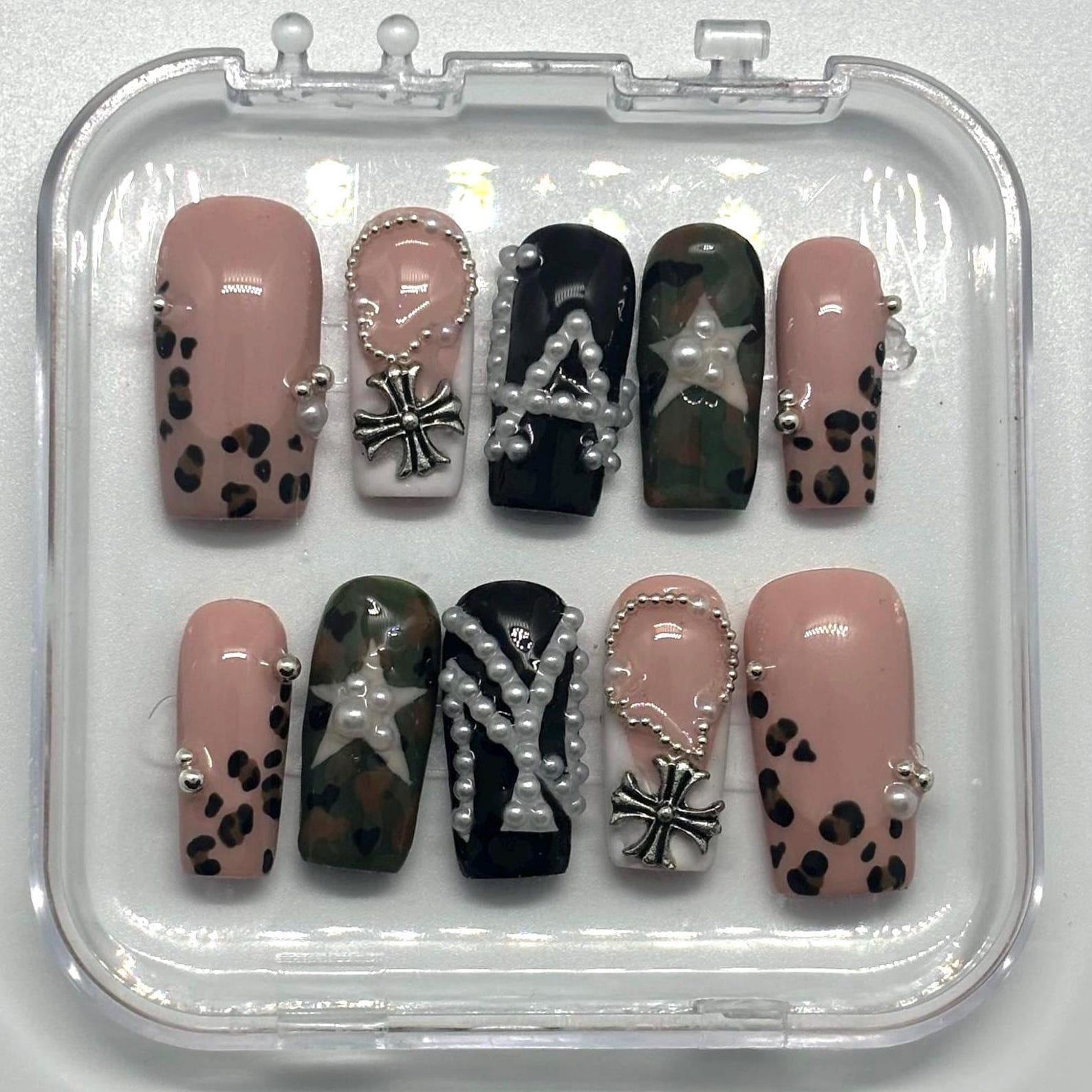 Handmade Camo Press on Nails: Cross Charm, Y2K Baddie Style - Etsy
