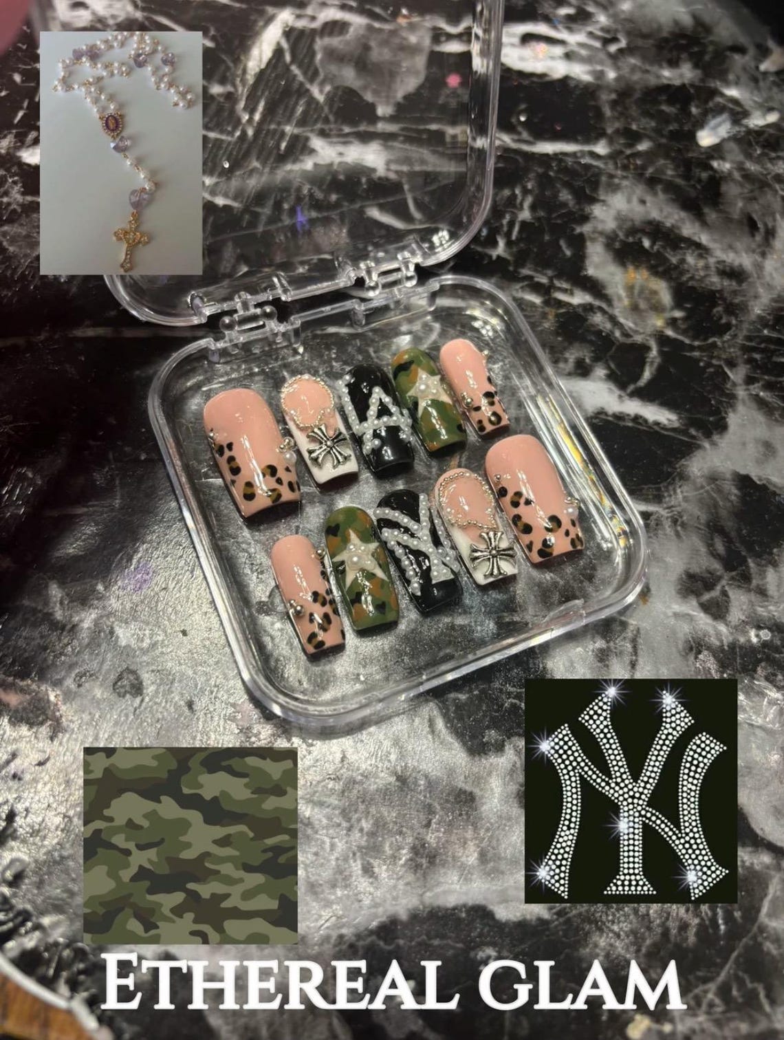 Handmade Camo Press on Nails: Cross Charm, Y2K Baddie Style - Etsy