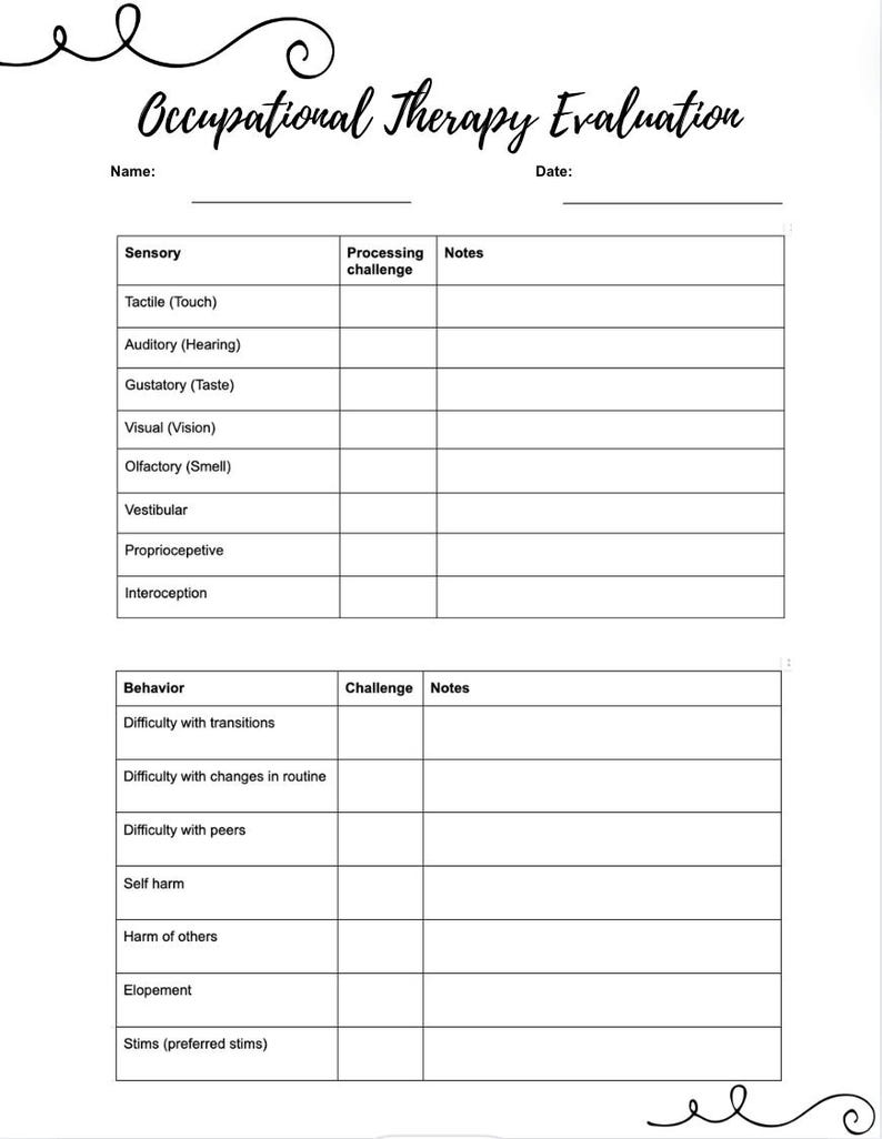 Occupational Therapy Evaluation Forms Template Tables Self Care ...