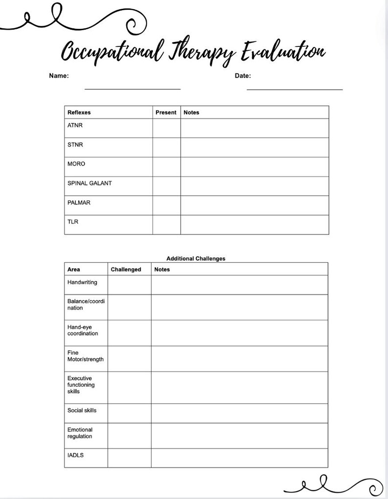 Occupational Therapy Evaluation Forms Template Tables Self Care ...