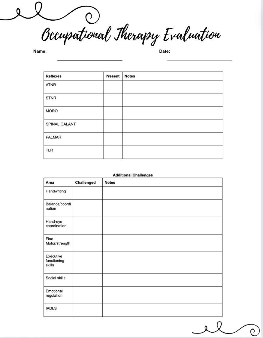 Occupational Therapy Evaluation Forms Template Tables Self Care ...