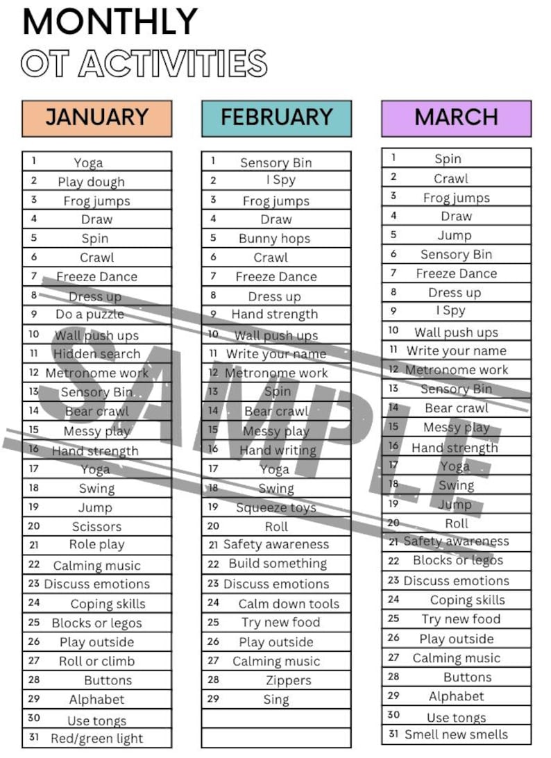 Occupational Therapy Activity Calendars *daily, Monthly & Yearly* OT ...