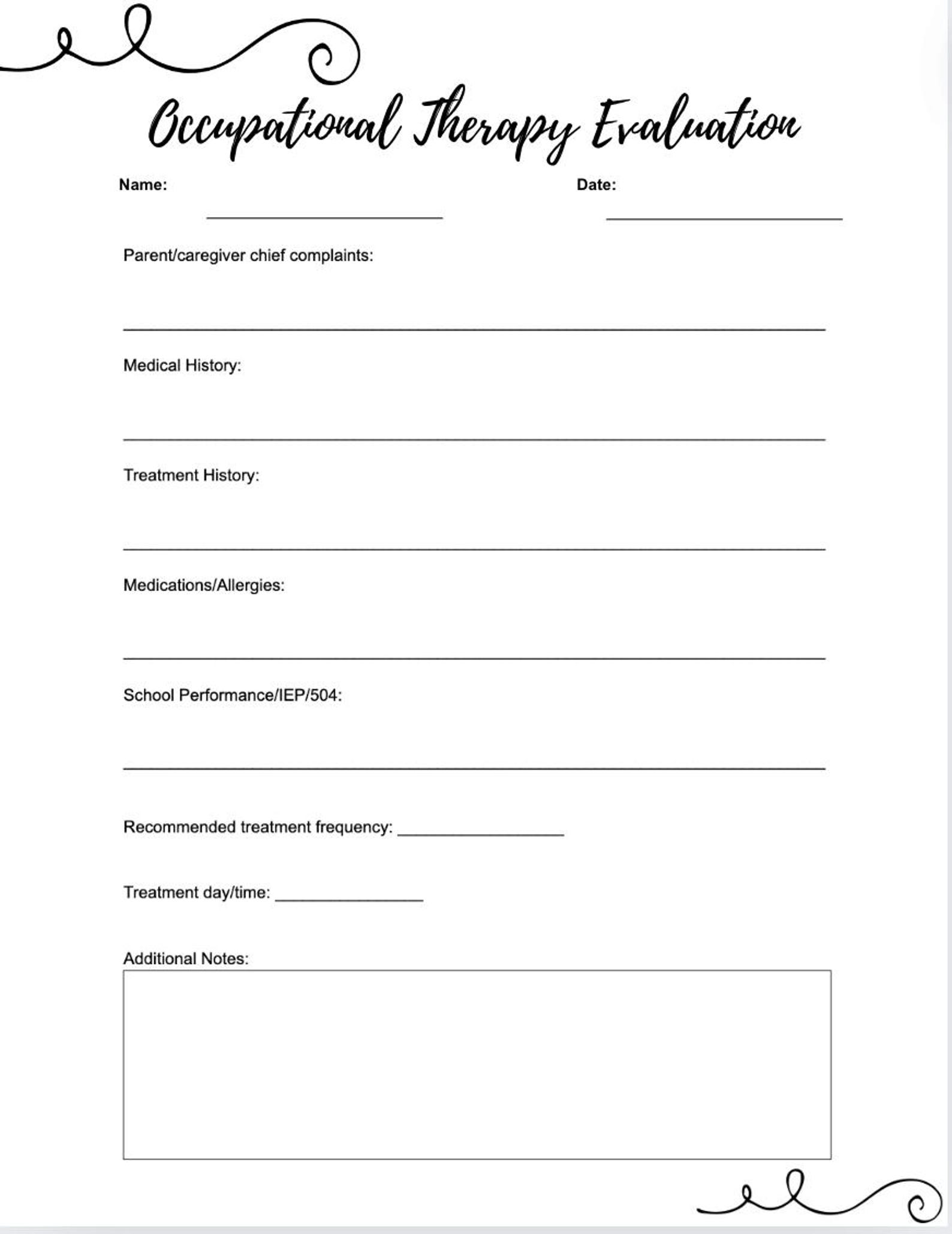Occupational Therapy Evaluation Forms Template Tables Self Care ...