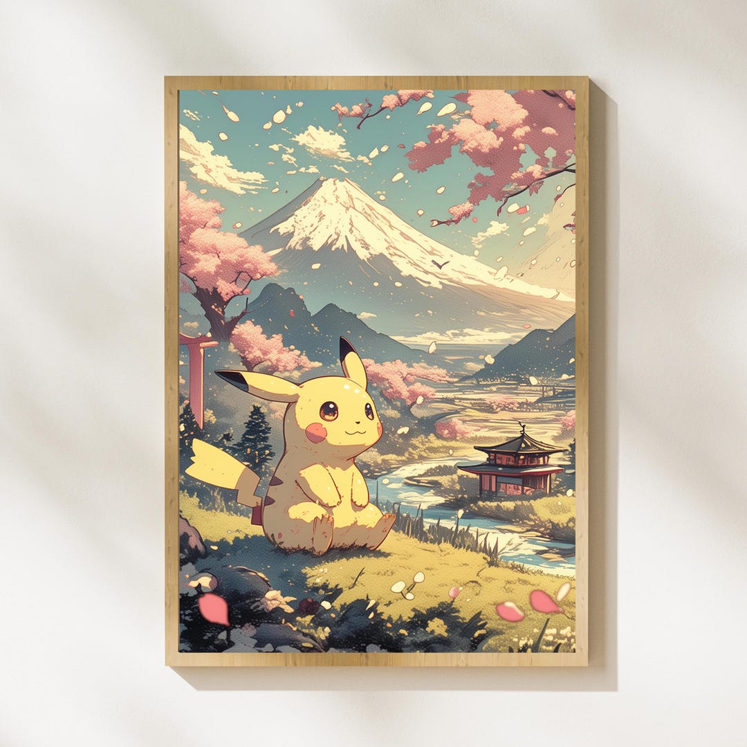 Kawaii Pikachu Wall Art – Japanese Digital Poster With Sakura & Mount ...