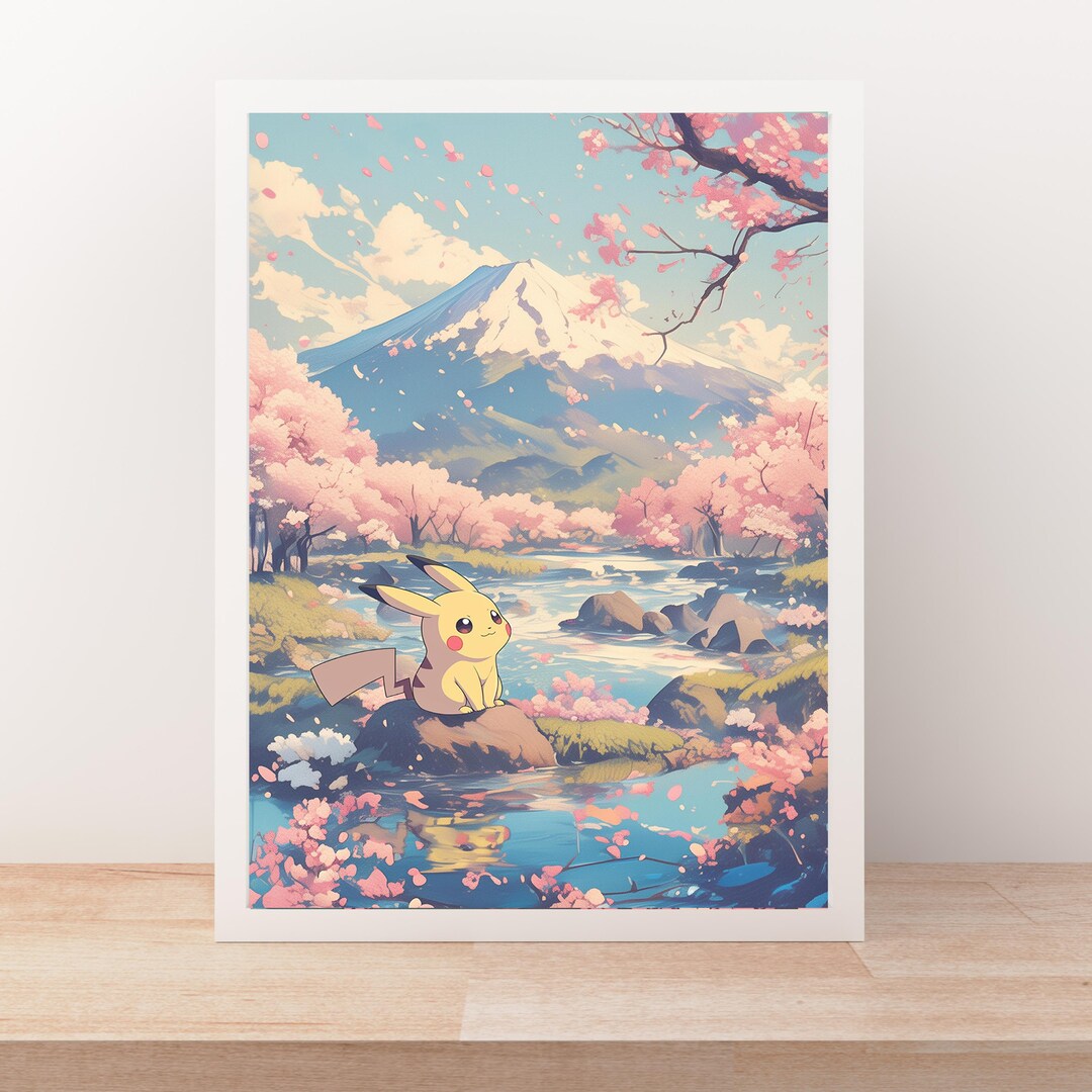 Pikachu Pokemon Poster Kawaii Japandi Wall Art Pokemon Art Sakura ...