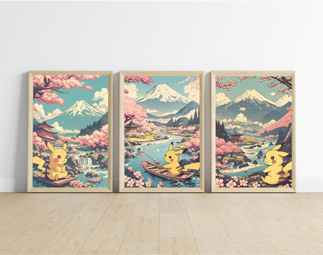 Pikachu Wall Art Set of 3 – Pastel Japanese Landscape Prints – Mt Fuji ...