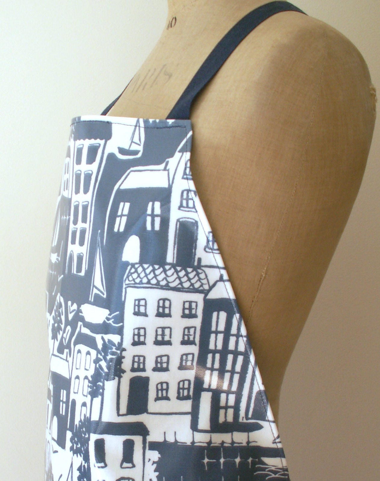 Blue & White Quayside Houses PVC / Oilcloth Apron - Full Length Adult ...