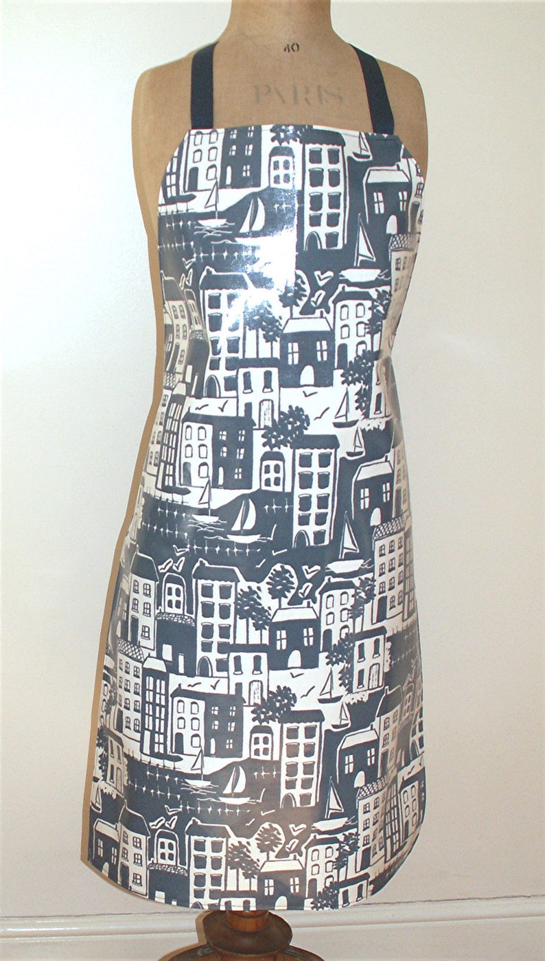 Blue & White Quayside Houses PVC / Oilcloth Apron - Full Length Adult ...