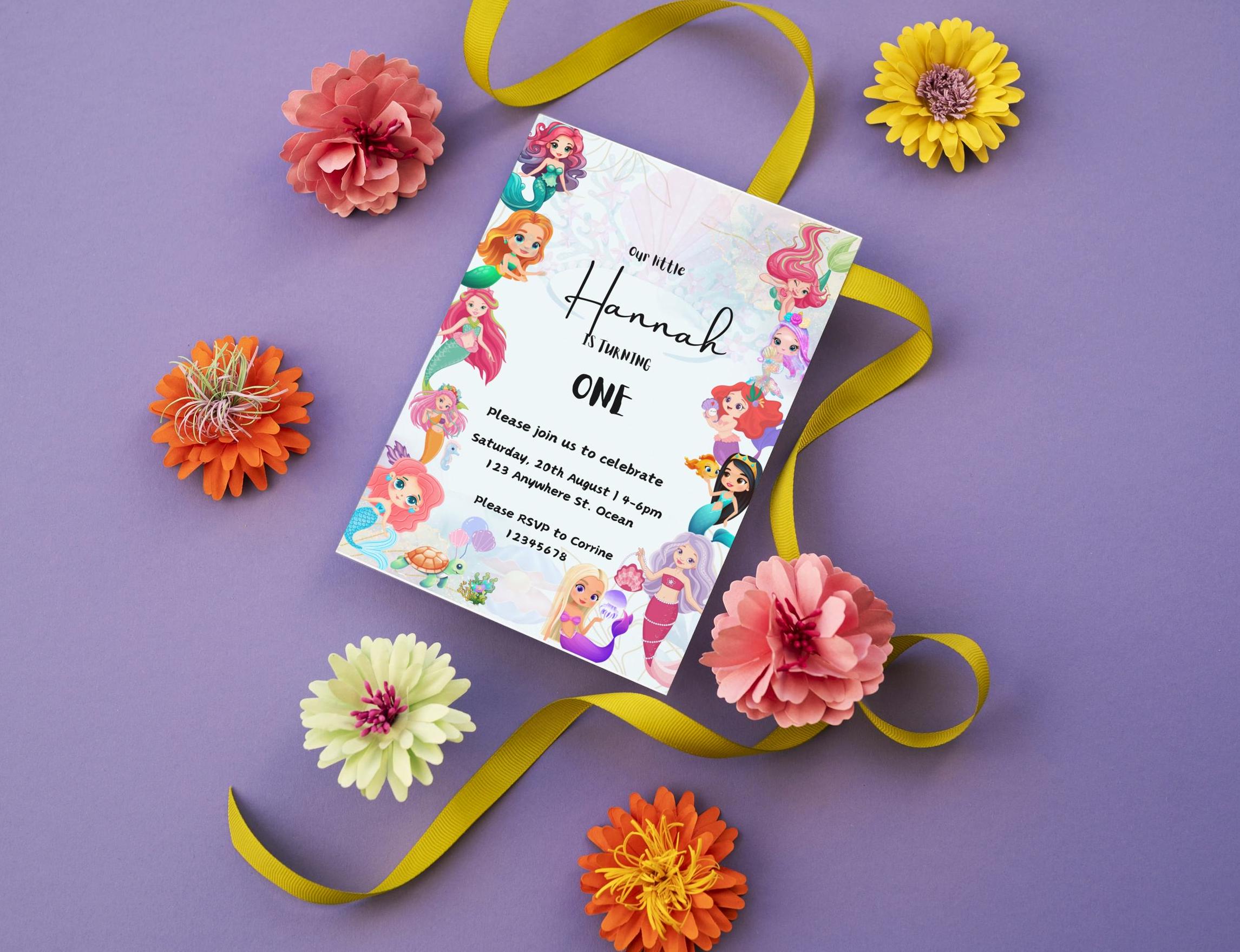 Editable Mermaid Birthday Invitation Template | Underwater-themed Group ...