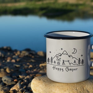 Happy Camper Simple, Mountain Scene, Night Camping Graphic, Line Art ...